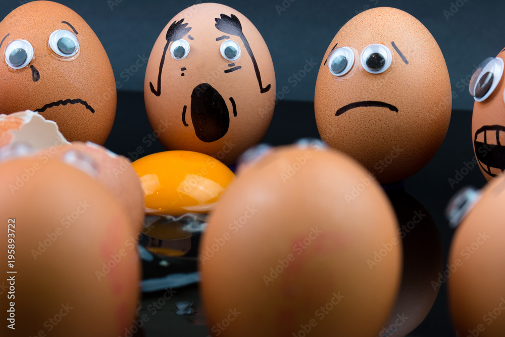 Fun concept: raw eggs with googly eyes and drawn features are in shock ...