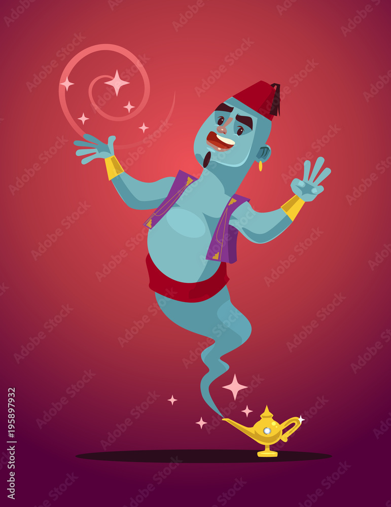 Happy smiling Genie man mascot character from magic lamp. Vector flat ...