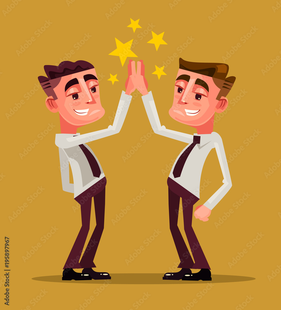 Two happy smiling office workers characters high five. Teamwork concept ...