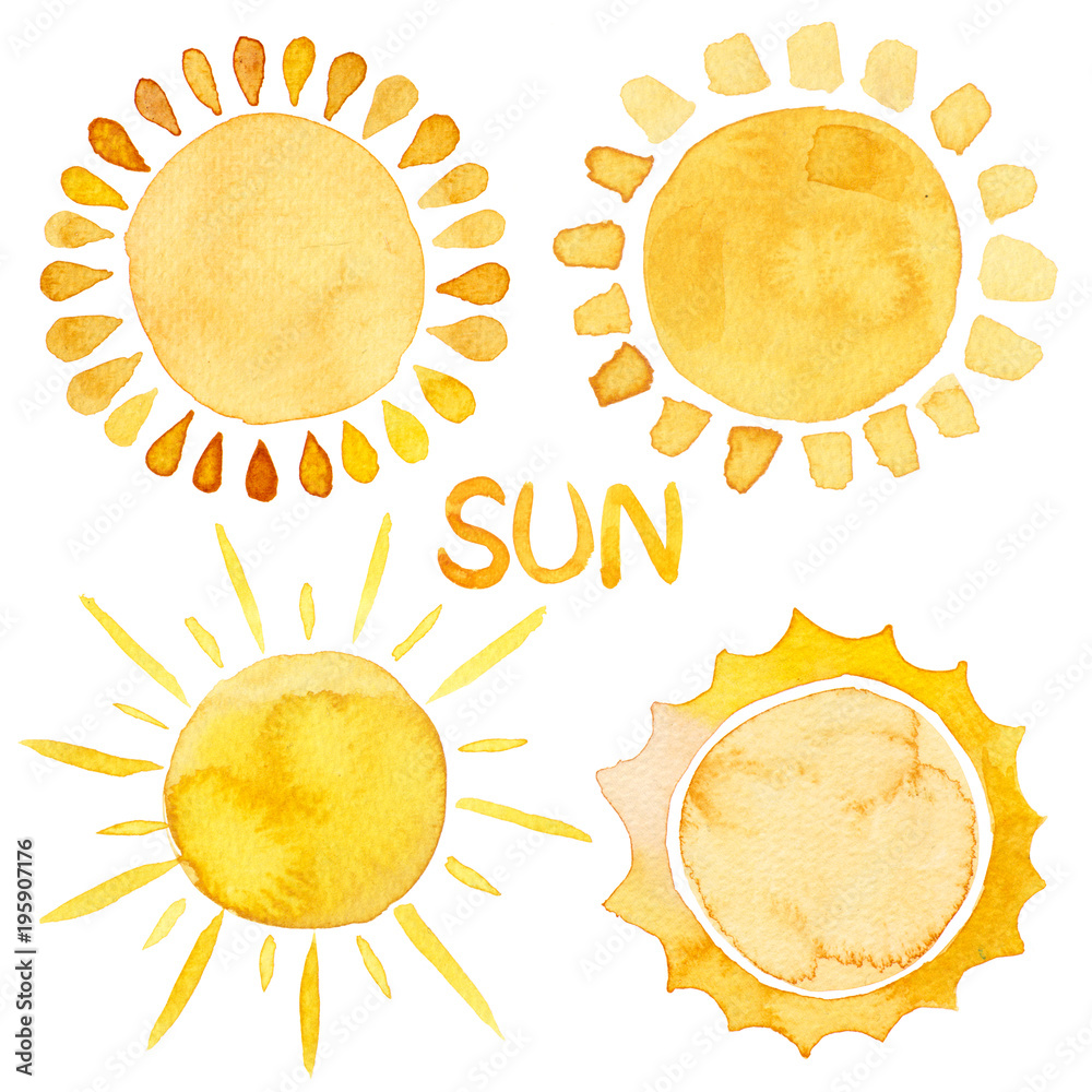 Yellow ink shiny sun set watercolor illustration with lettering Stock ...