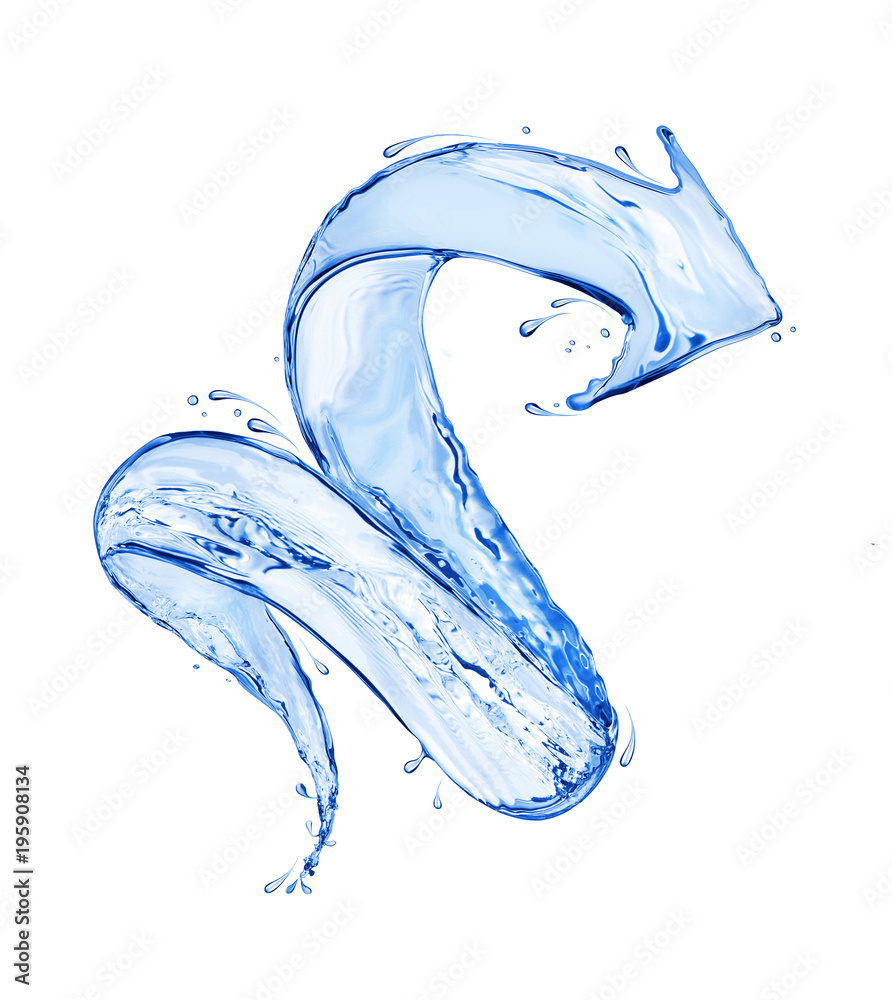 Twisted into a spiral arrow made of water splashes, isolated on white ...