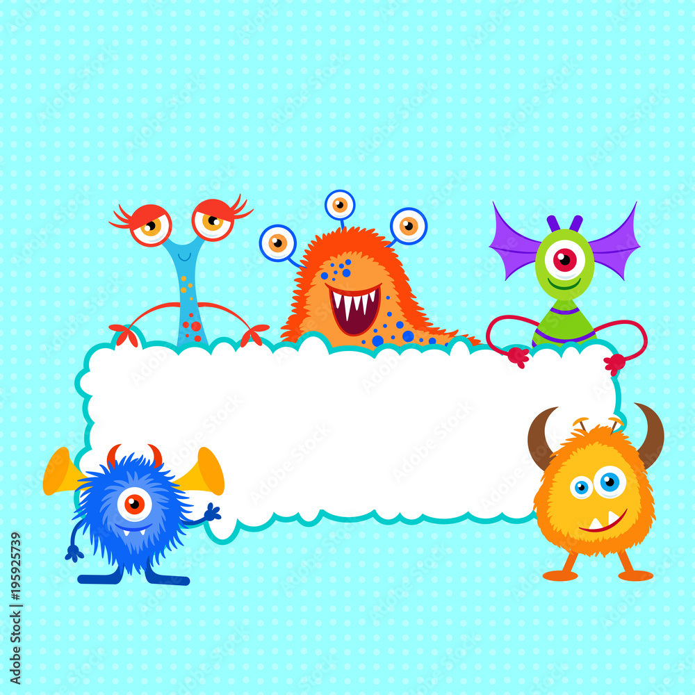 Monsters with empty rectangle frame on blue background. Design template ...
