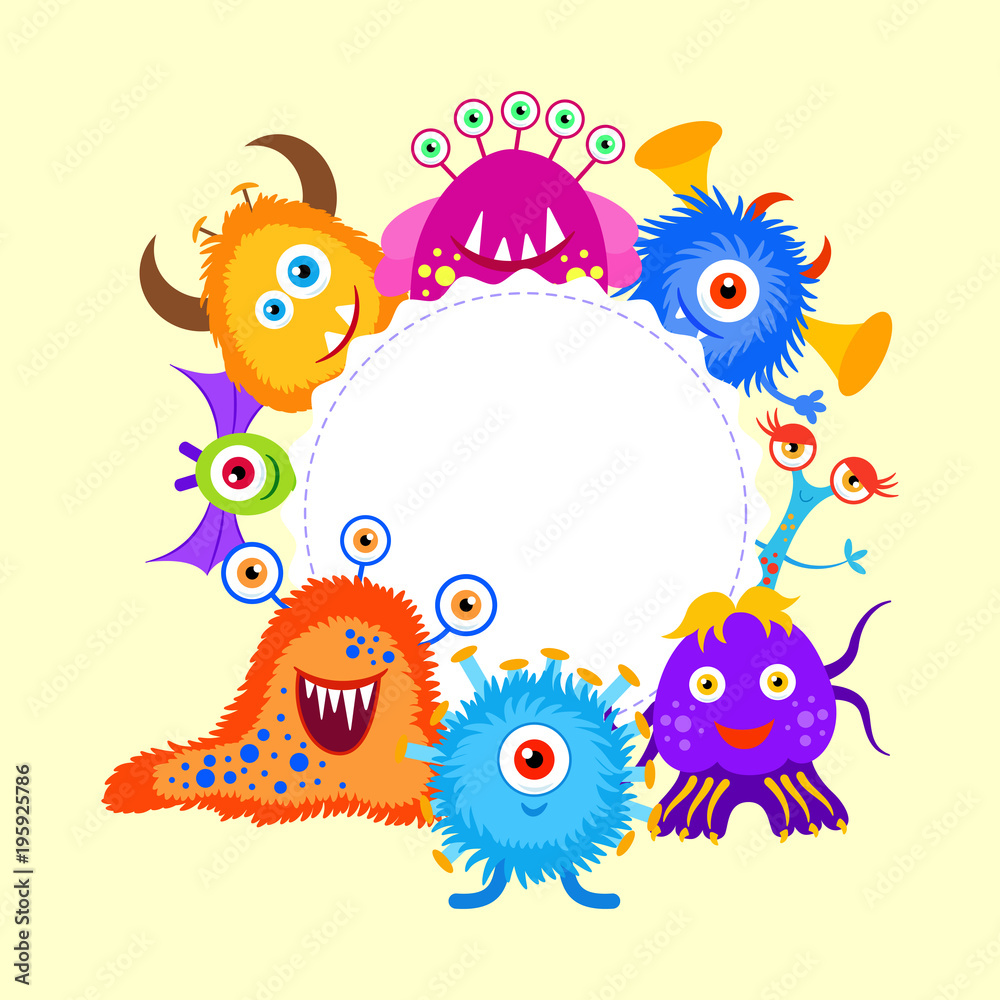 Round empty frame with monster. Design template for card, poster, cover ...