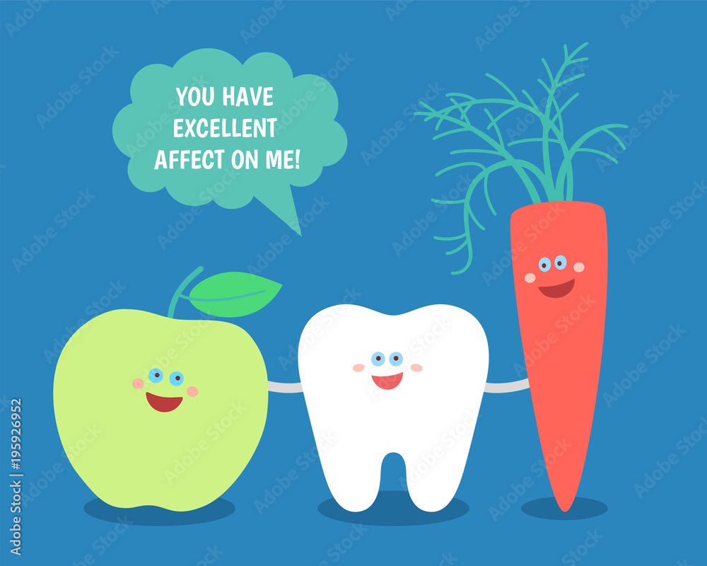Cartoon tooth with green apple and carrot. Good food for your teeth ...