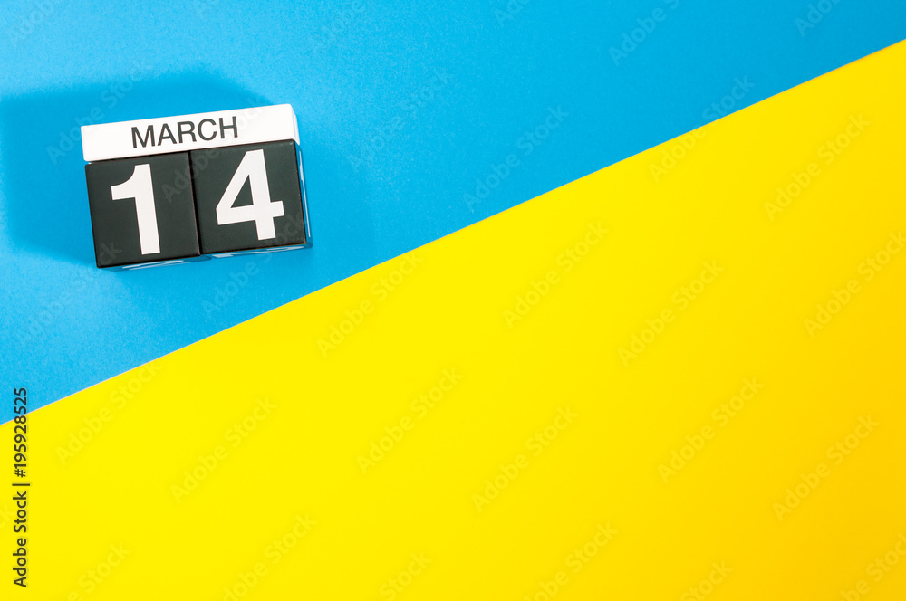 March 14th. Day 14 of march month, calendar on blue and yellow ...