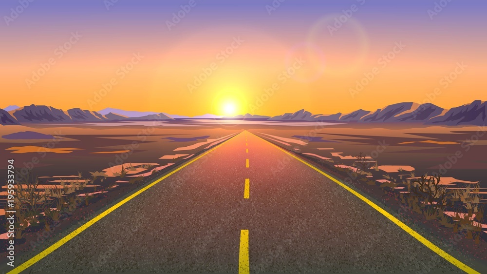 Road in the desert. A scene in perspective. Sunset Stock Vector | Adobe ...