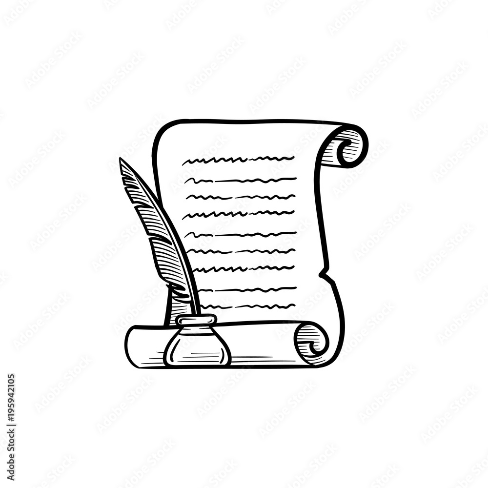 Manuscript paper scroll with feather pen in inkpot hand drawn outline ...
