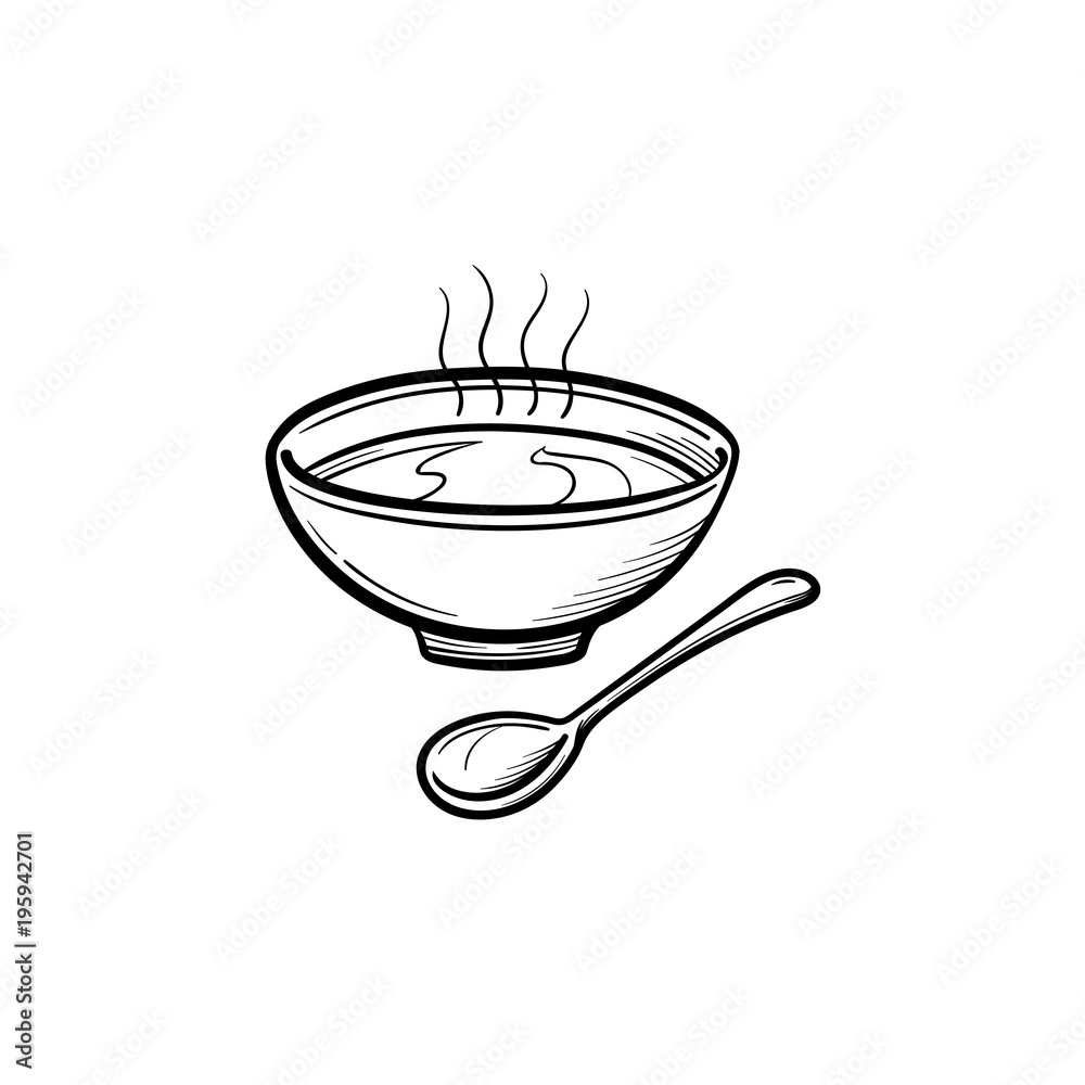 Bowl of soup with spoon hand drawn outline doodle icon. Hot soup in ...