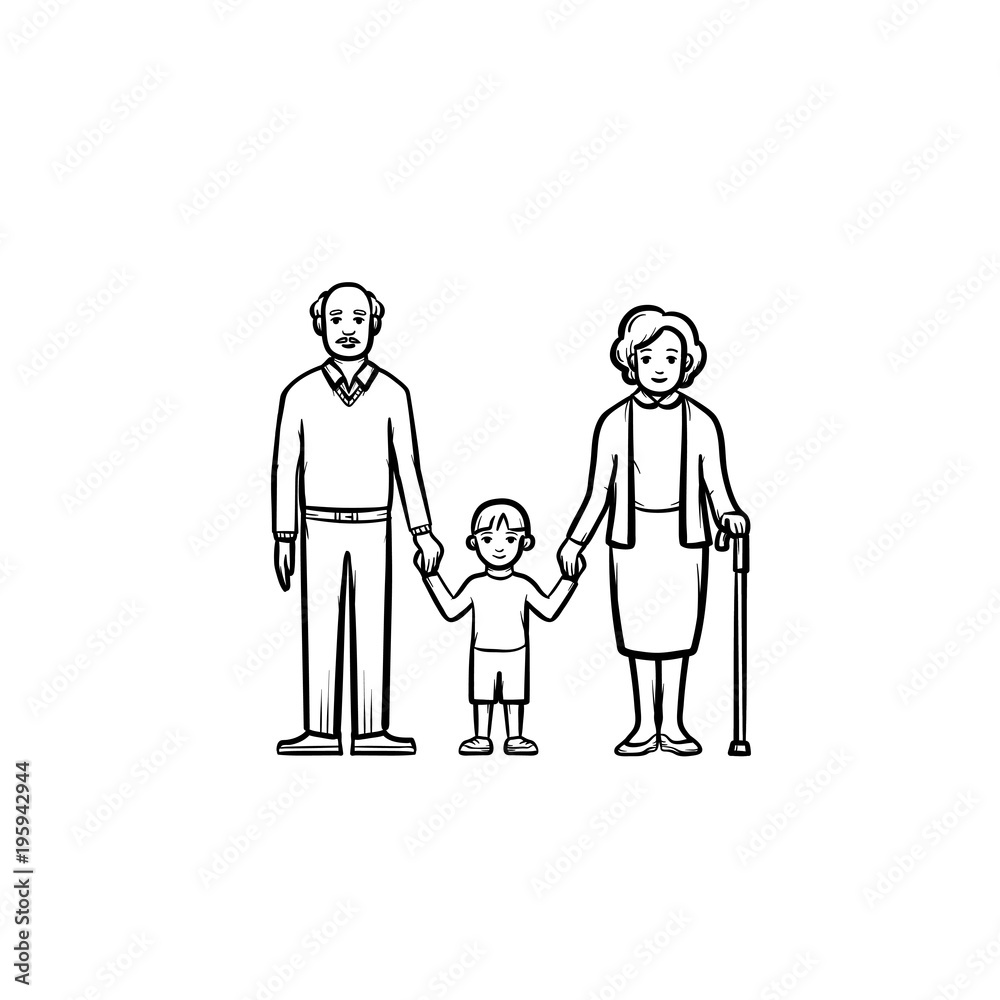Grandparents and grandson hand drawn outline doodle icon. Happy family ...