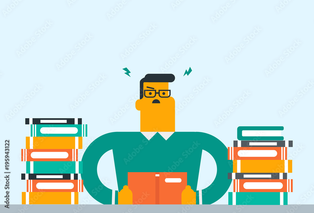 Caucasian annoyed student studying hard before the exam with a lot of ...