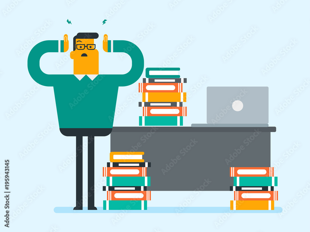 Young stressed caucasian student sitting at the table with a lot of ...