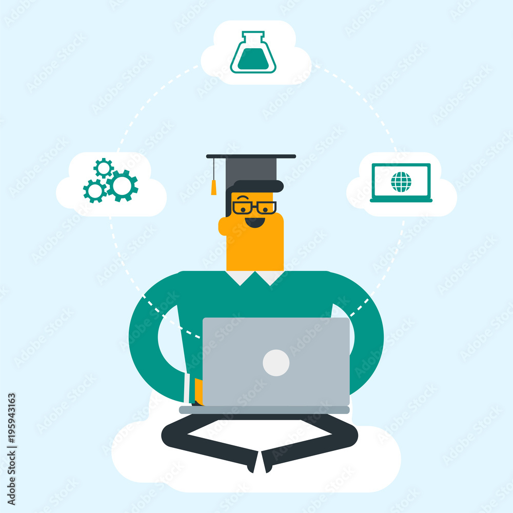 Young caucasian graduate sitting on the cloud with a laptop. Graduate ...