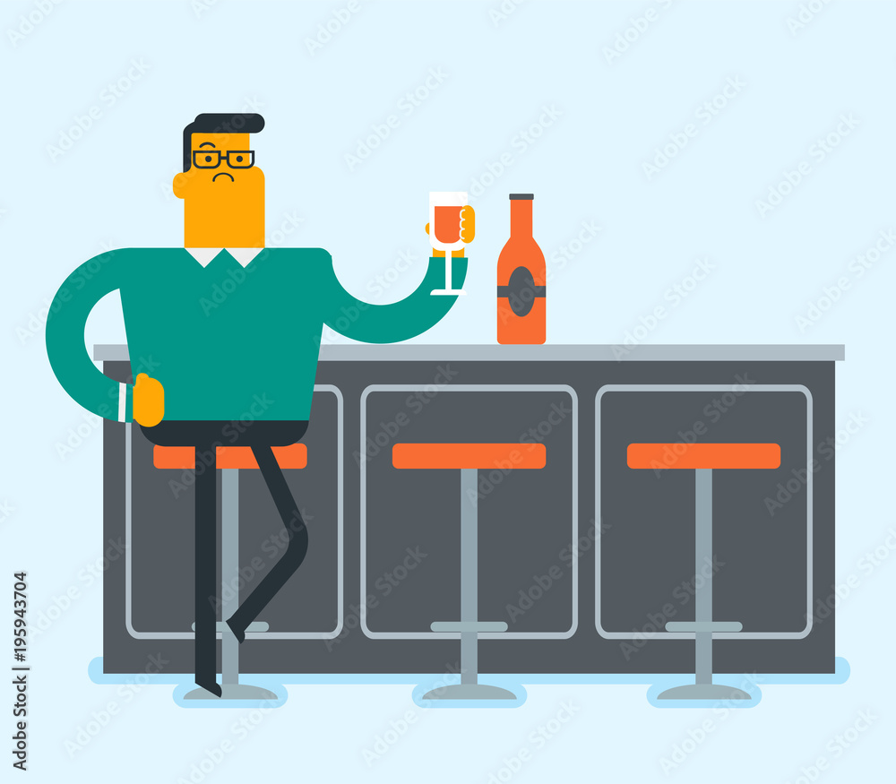 Sad caucasian white man sitting at the bar counter and drinking alone ...