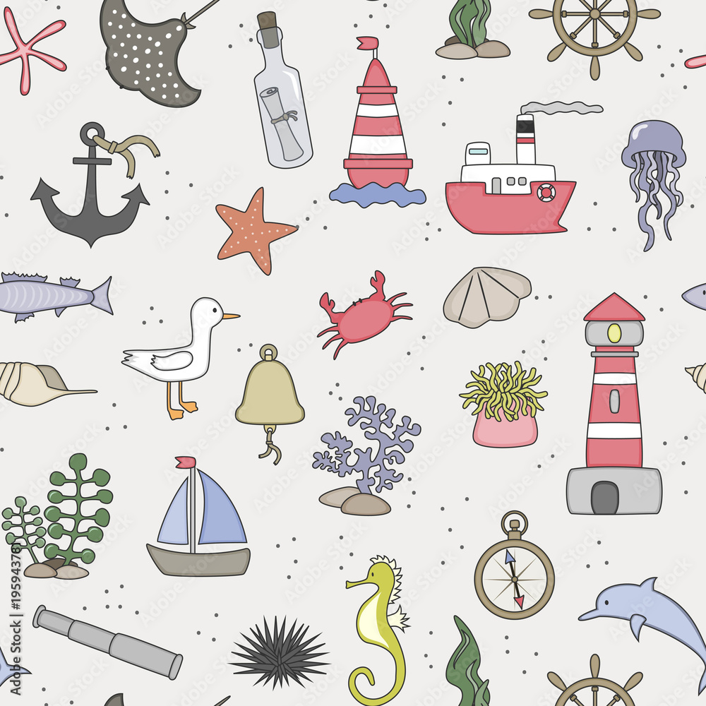Seamless pattern with cartoon sea objects and life animals. Underwater ...