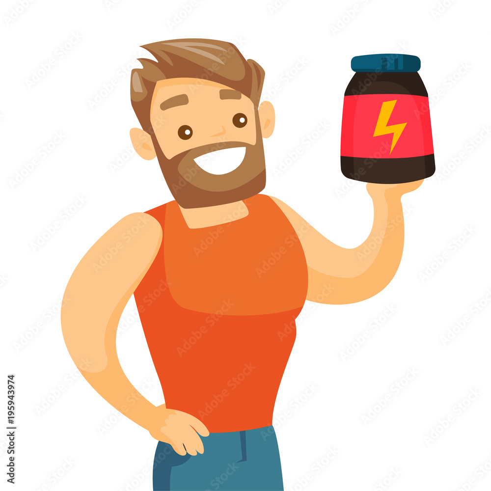 Caucasian white sportsman holding a jar with protein. Young muscular ...