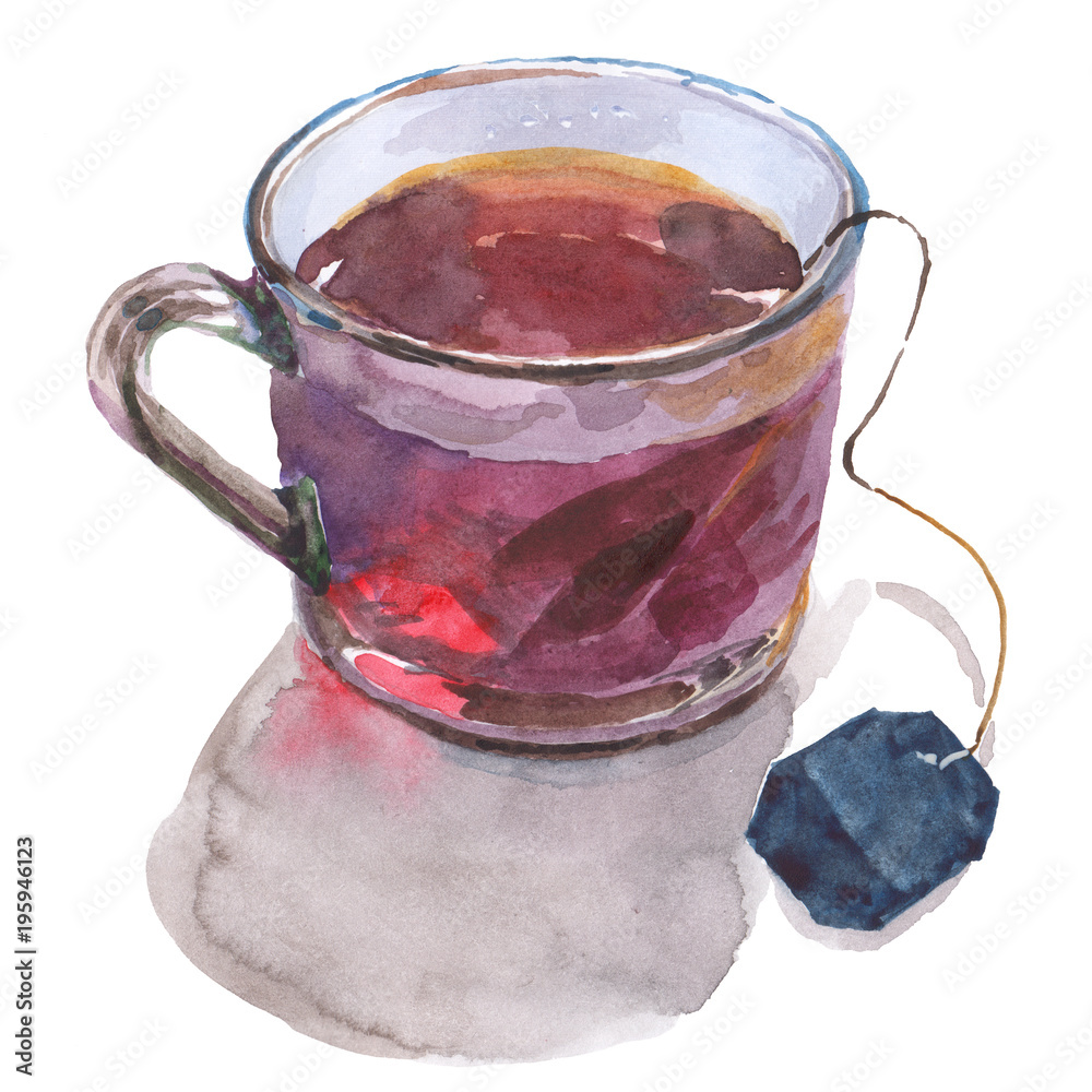 Watercolor drawing of a transparent cup with tea bag and brewed tea ...