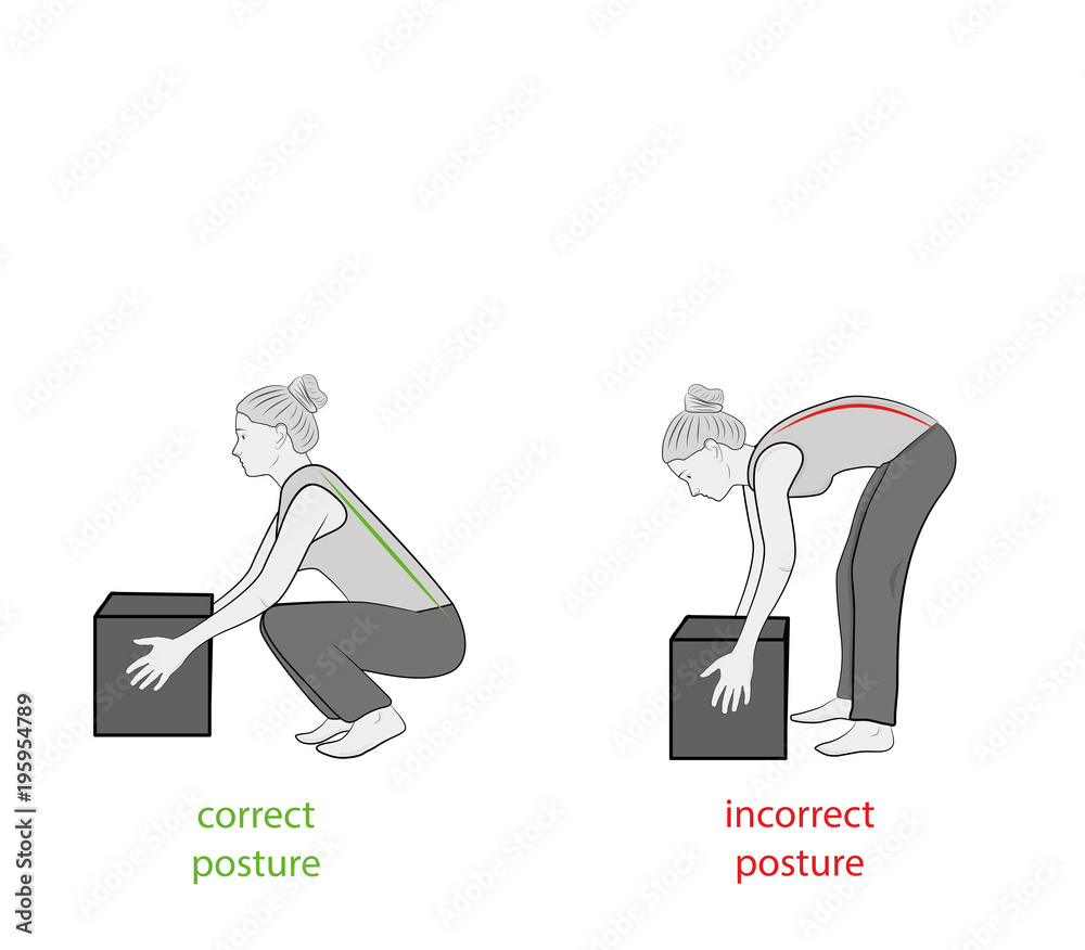 Correct posture to lift a heavy object safely. Illustration of health ...