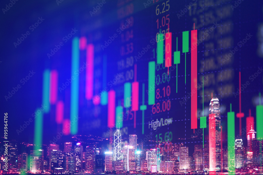 Double exposure of candle stick graph chart with indicator with stock ...