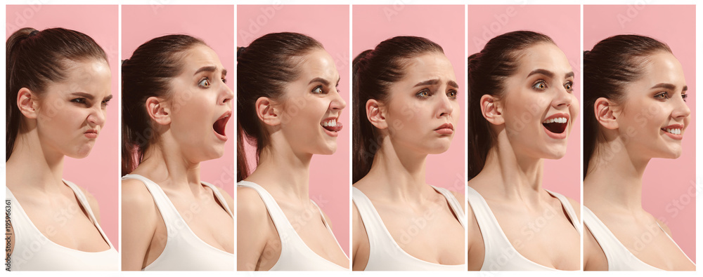 The collage of different human facial expressions, emotions and ...