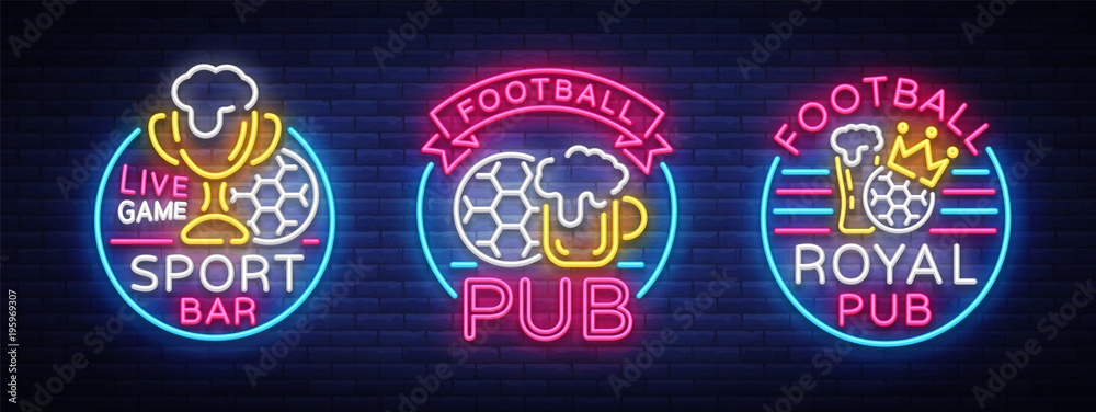 Sports bar collection of logos in neon style. Set neon signs, soccer ...