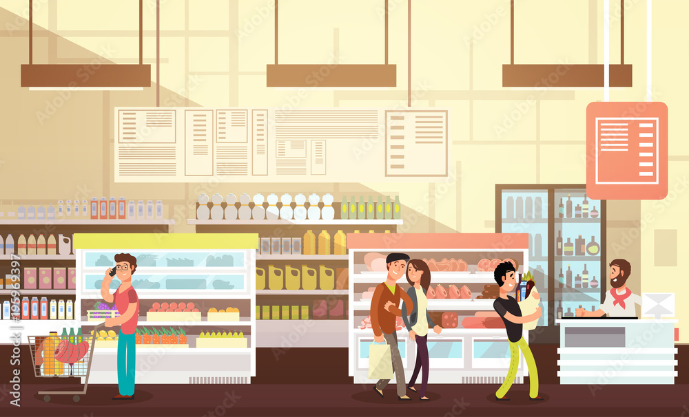 People shopping in grocery store. Supermarket retail interior with ...