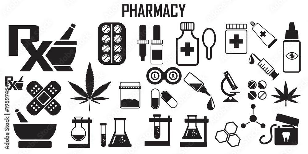 Pharmacy drug medical canabis treatment flat icons. mono vector symbol ...