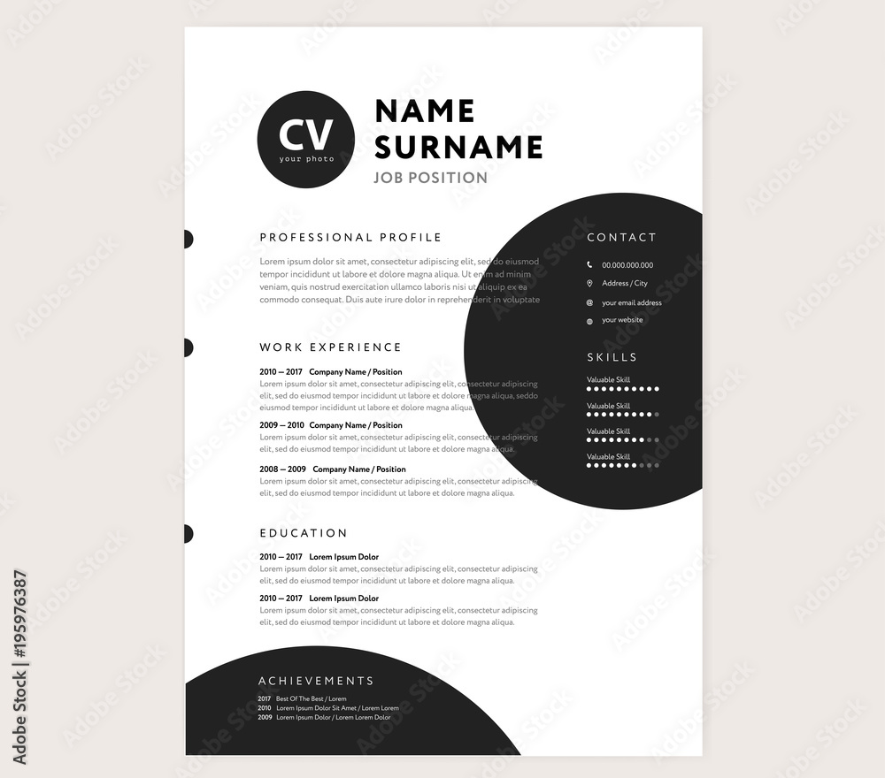 Creative CV / resume template minimalist black and white vector vector ...