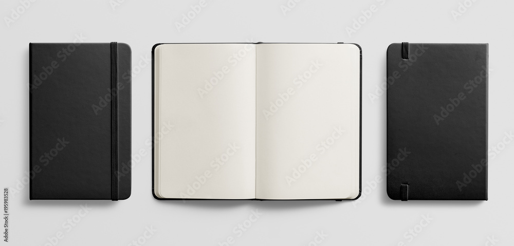 Photorealistic black leather notebook mockup on light grey background ...