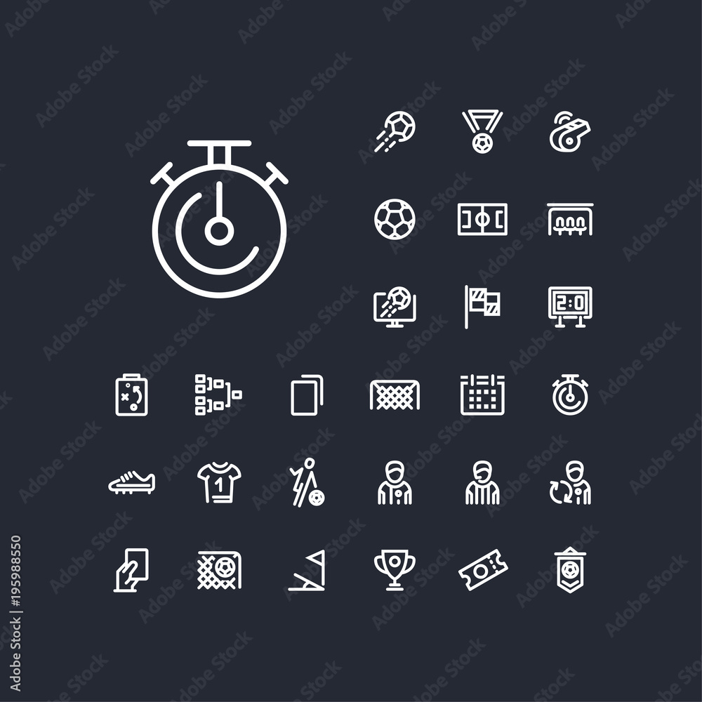 Timer icon in set on the black background. Soccer / football linear ...