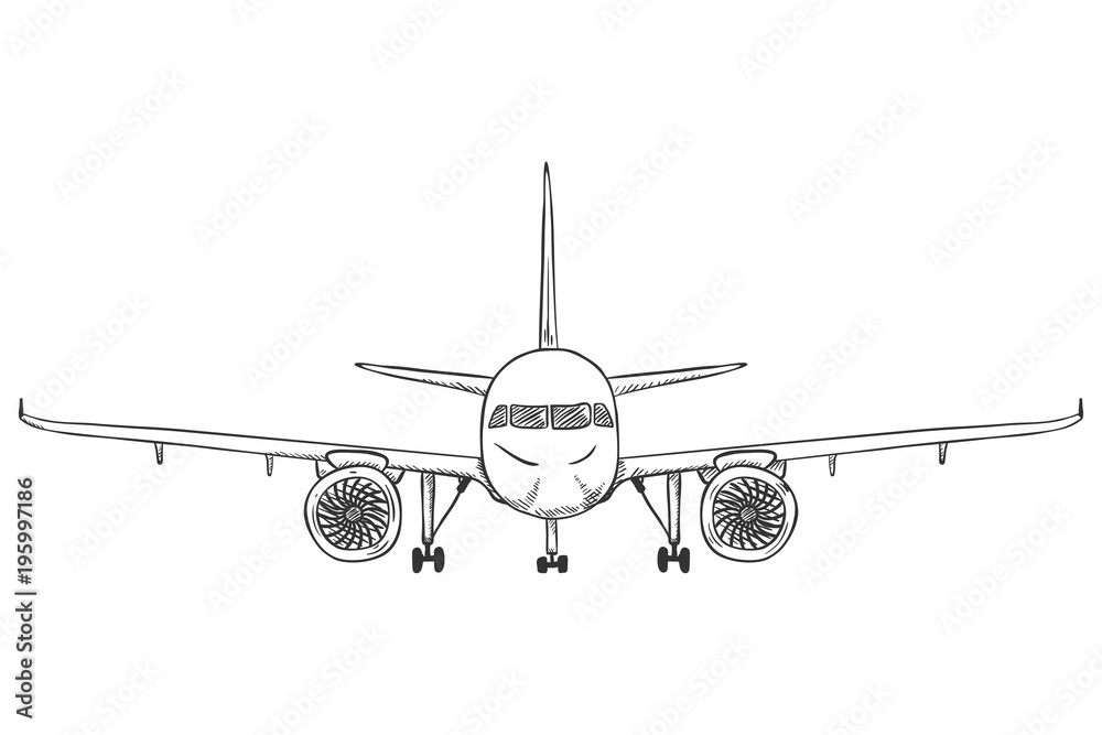 Vector Single Black Sketch Airplane with Chassis. Front View. Stock ...