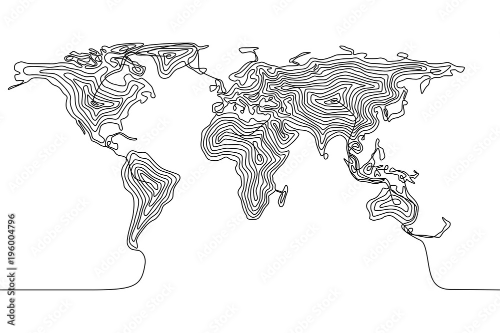 Continuous line drawing of a world map, single line flat Earth concept ...