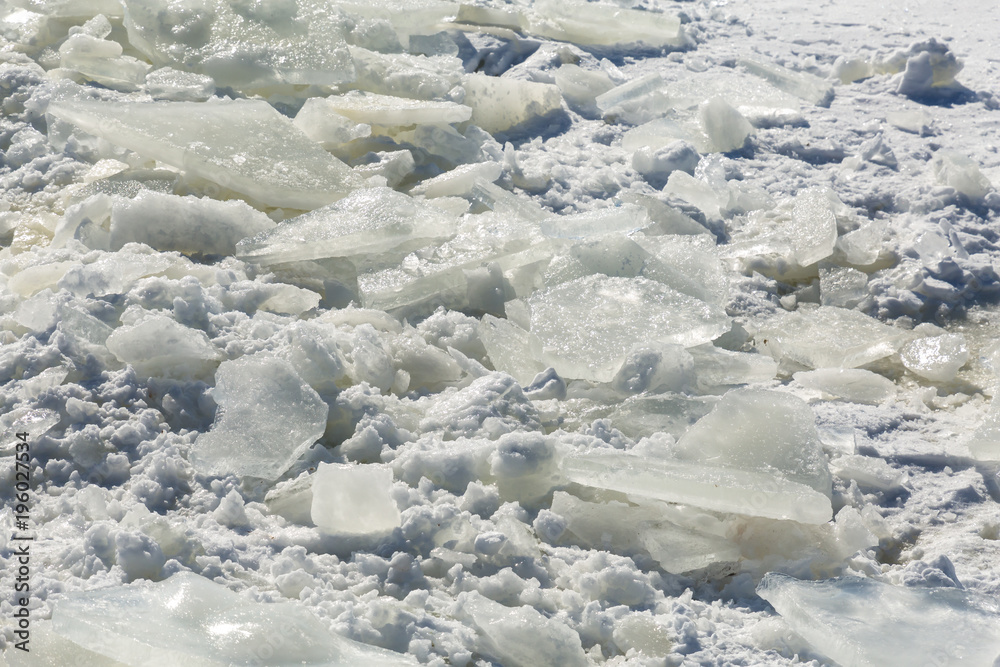 Ice shards in the snow. Sunny winter's day. Texture background Stock ...