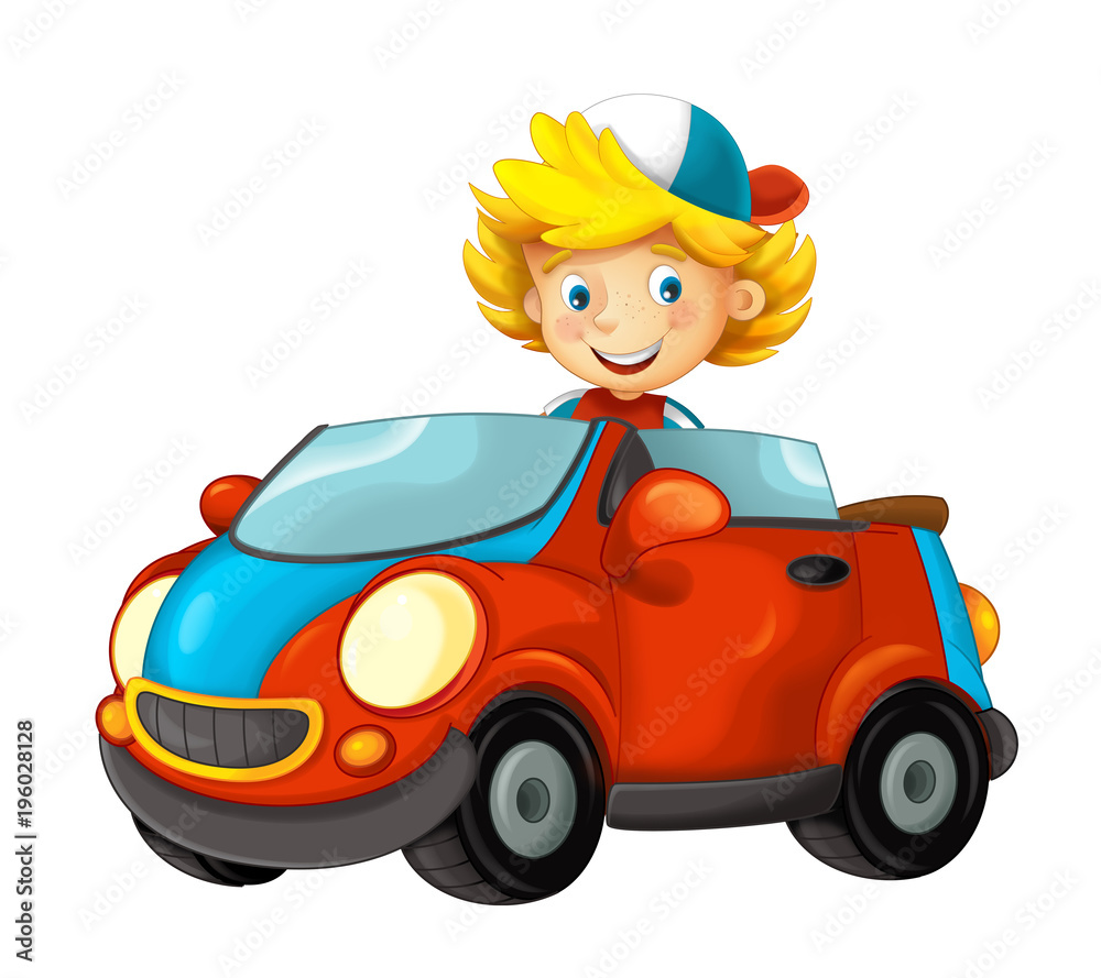 cartoon scene with child in toy car on white background - illustration ...