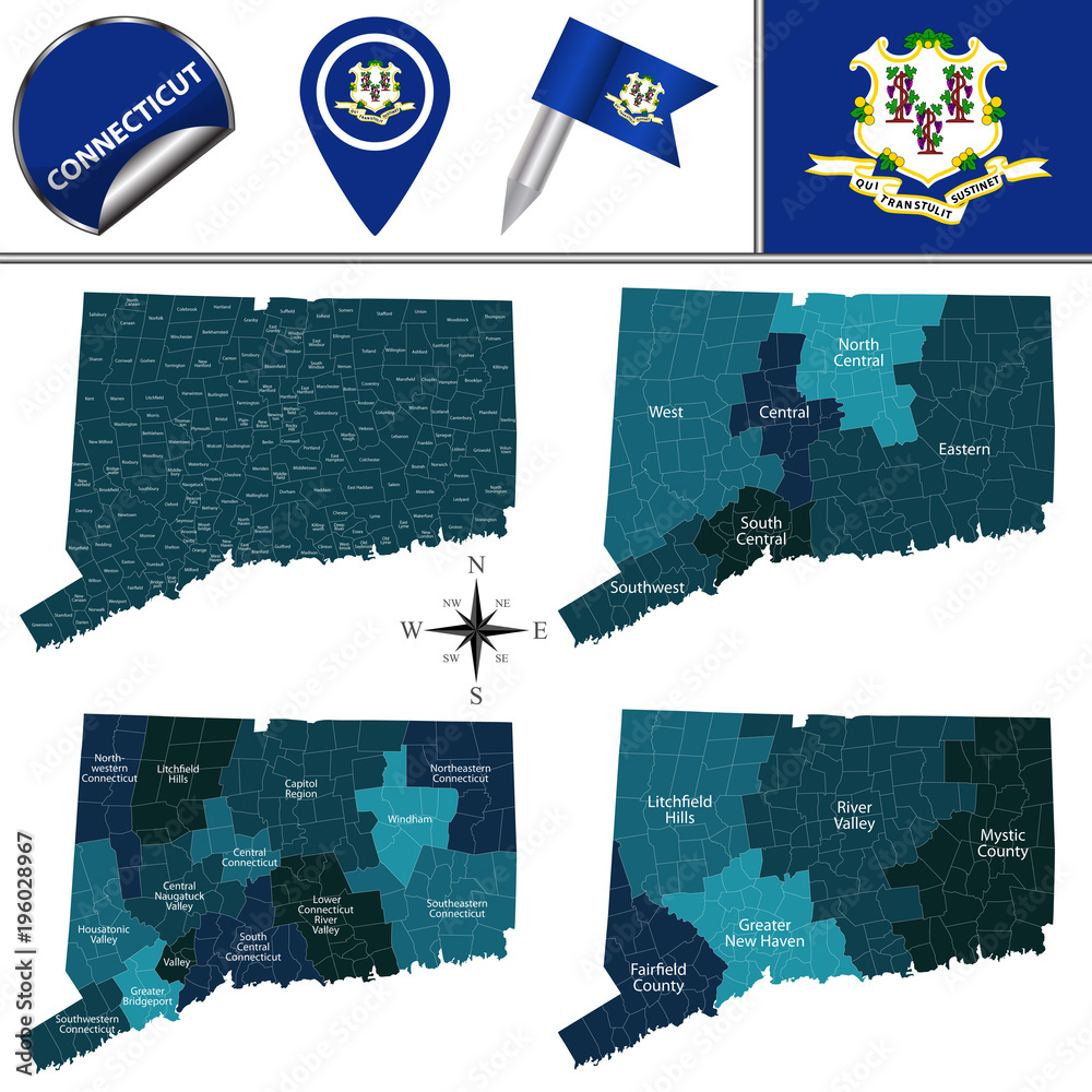 Photo & Art Print Map of Connecticut with Regions, sateda