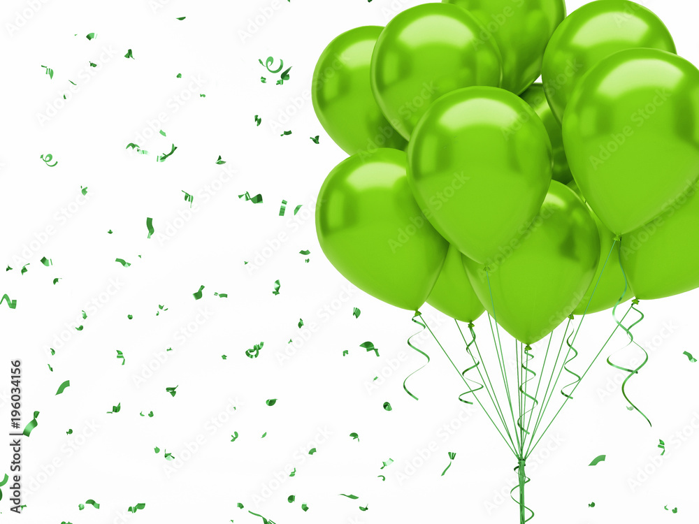 Green balloons on the top right corner with golden ribbons and gold confetti isolated on white ...