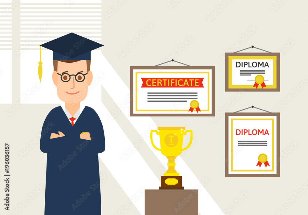 graduate student standing near diplomas and certificates hanging on ...