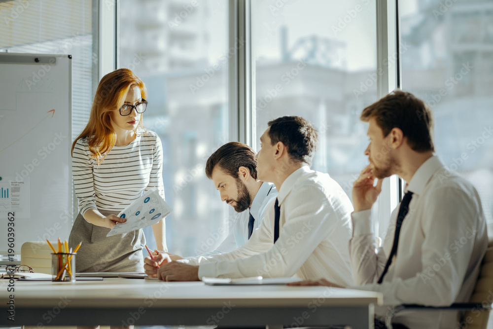 Poor performance. Strict young female boss being unsatisfied with the ...