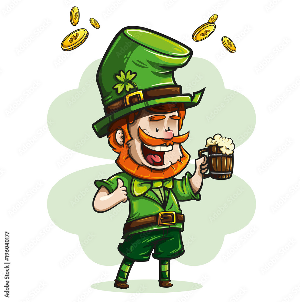 cheerful Irish elf with big smile, holding a small barrel of beer in ...