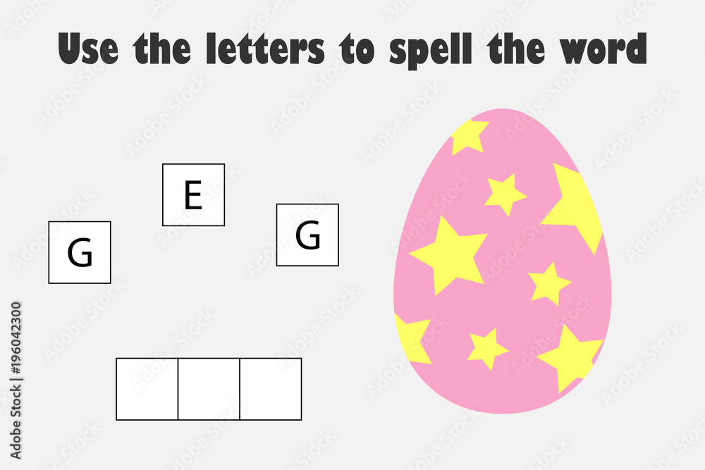 Use the letters to spell the word, egg in cartoon style, easter ...