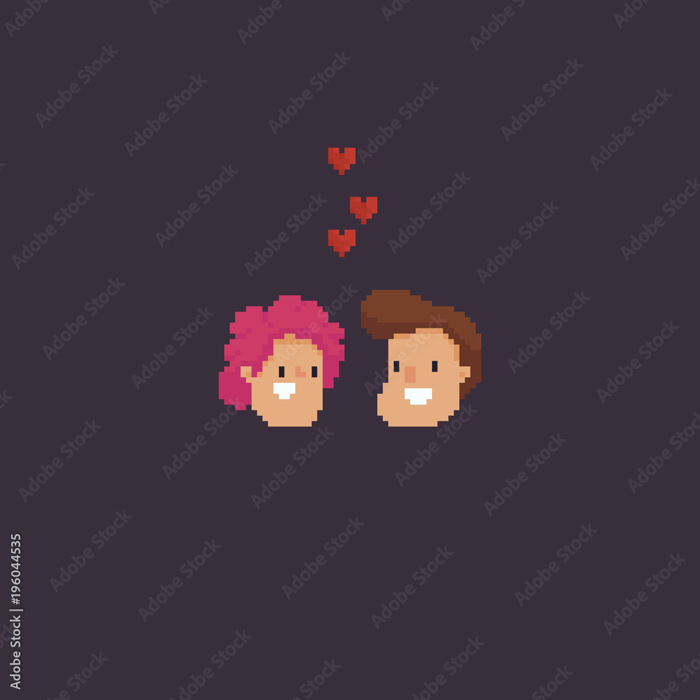 Pixel art couple, smiling woman and man heads with flying hearts Stock ...