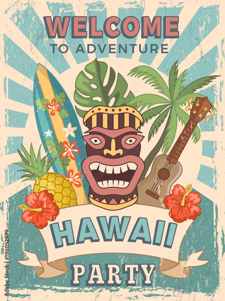 Póster Design template of retro poster invitation for hawaiian party ...