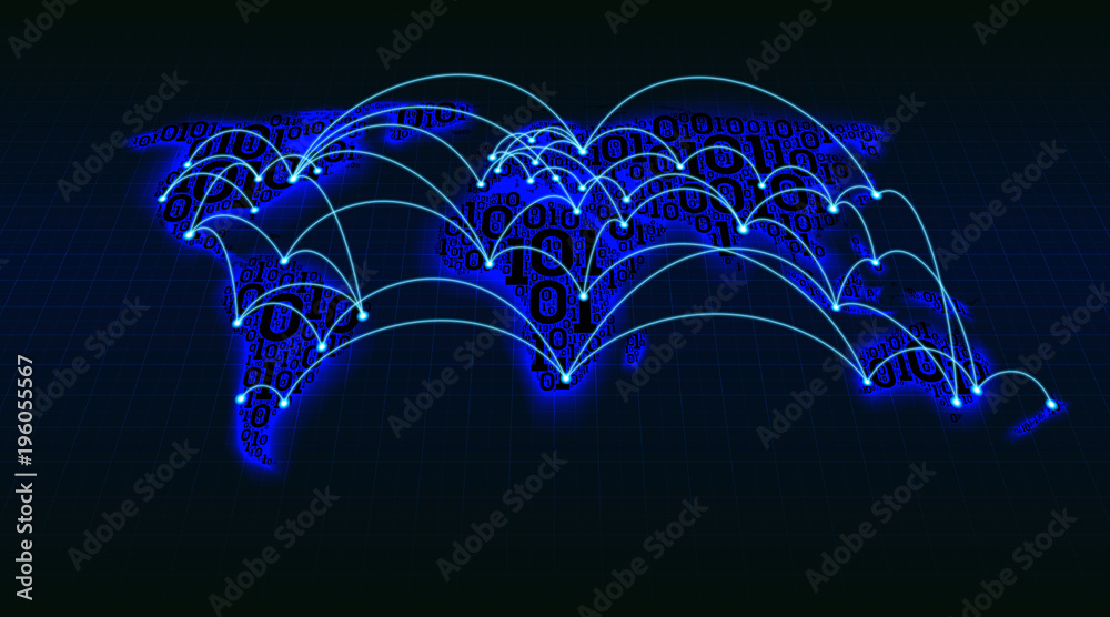 Abstract World Map From Digital Binary Code On A Grid Background Global Internet Transactions