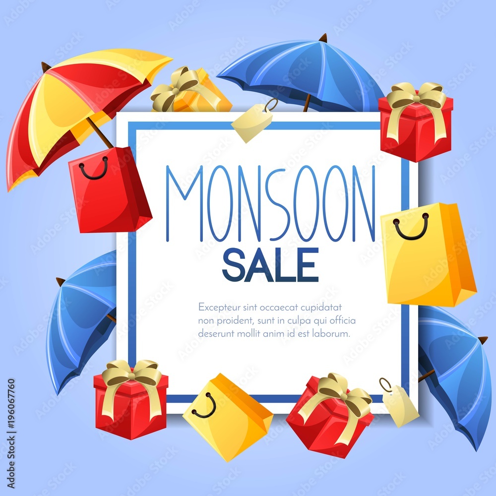 Monsoon vector sale banner design.Square label with shadow.Card for ...