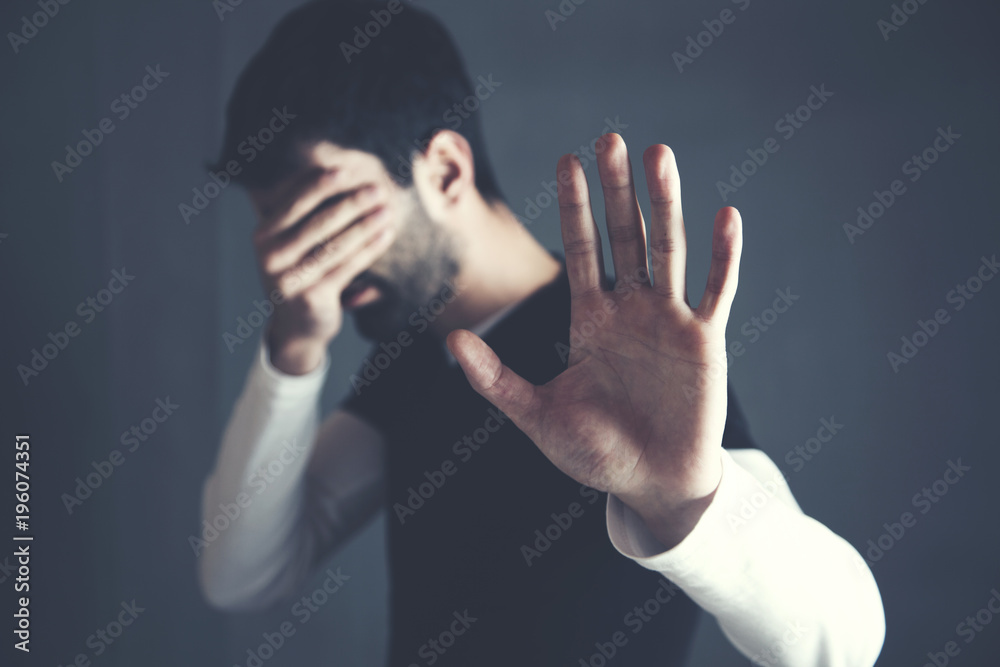 sad man hand stop or no sign Stock Photo | Adobe Stock