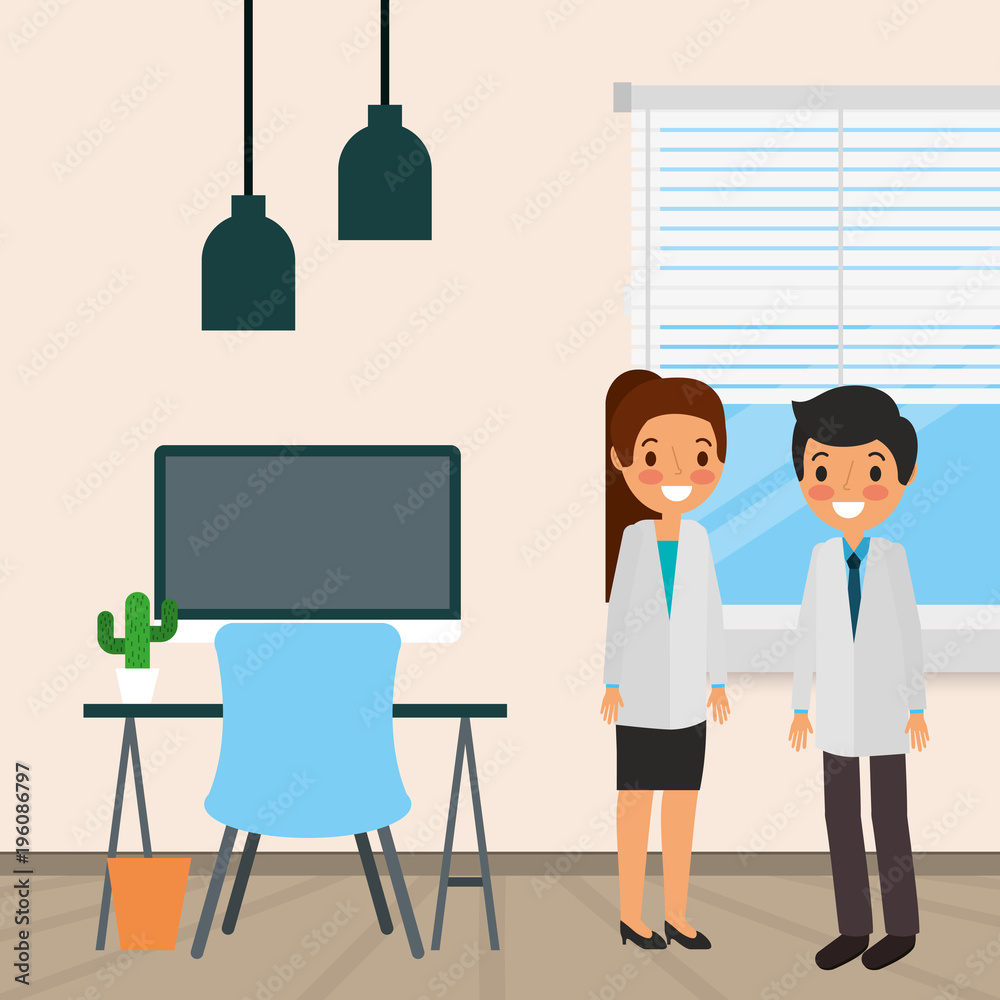 happy specialist doctors in office desk computer window cartoon vector ...