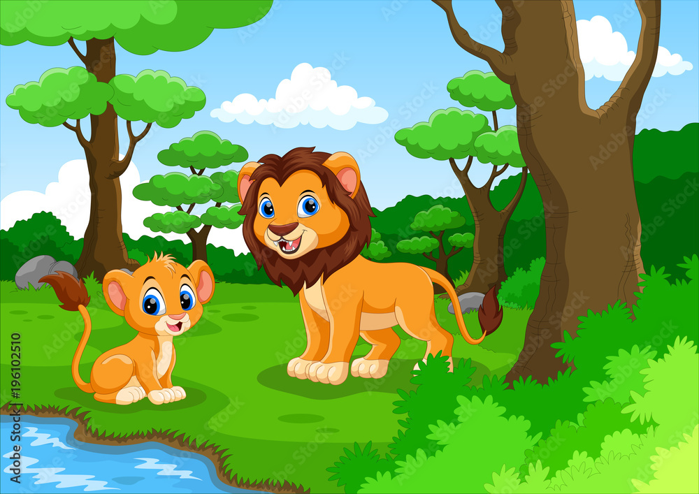 Lion cartoon in the forest with his cute son Stock Vector | Adobe Stock