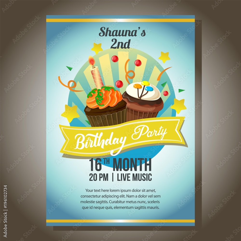 blue birthday party invitation poster with cupcakes Stock Vector ...