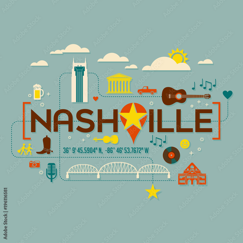 Nashville landmarks, attractions and text design with longitude and ...