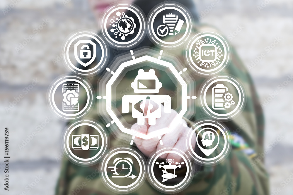 Soldier pressing robot api code button on a virtual interface. Modern ...