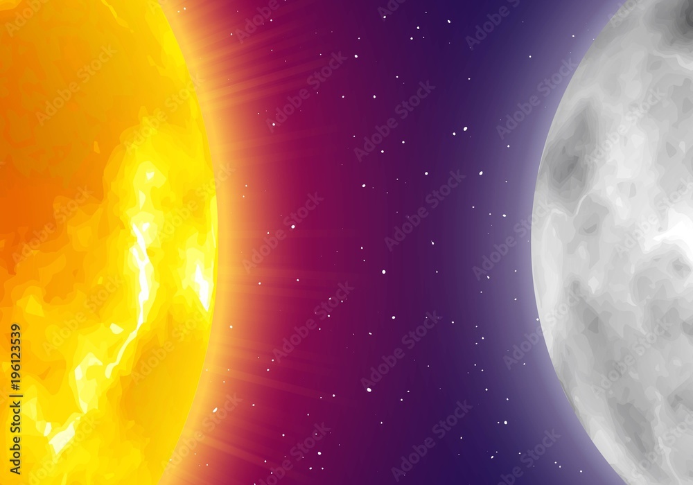 Moon and sun, night sky background, realistic style. Star and planet of ...